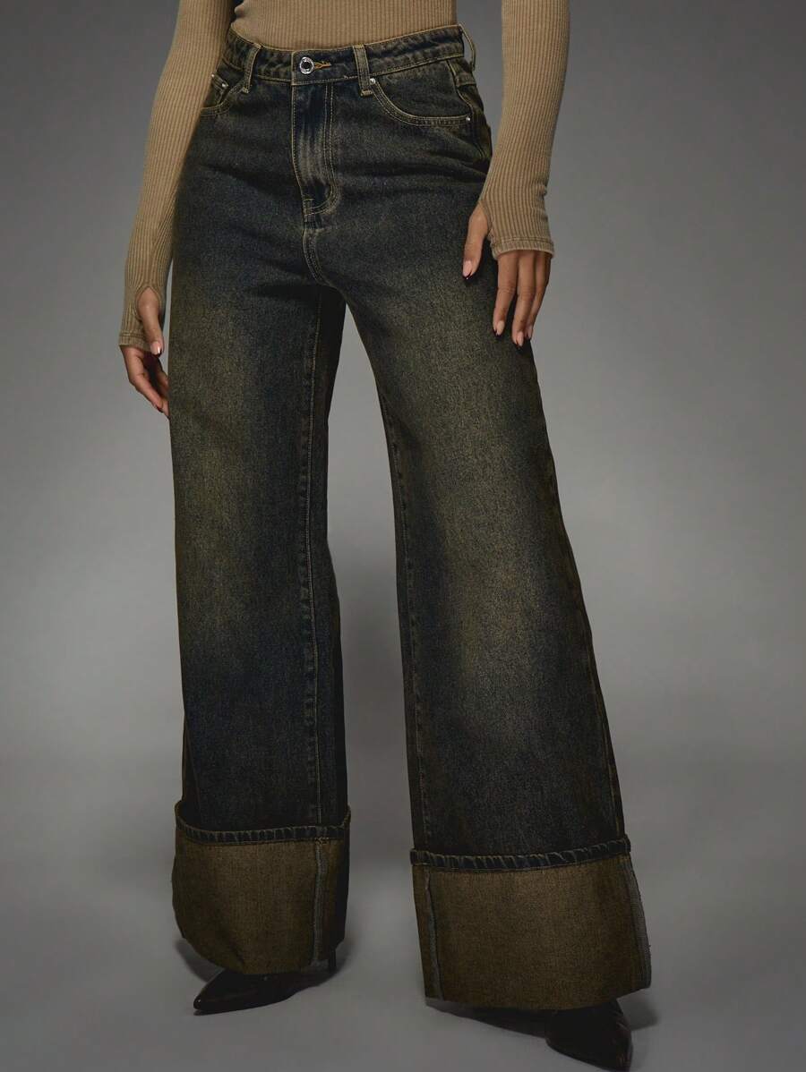 MISSGUIDED Turn Up Wide Leg Jeans High Waist Vintage Wash Denim Bottoms ...