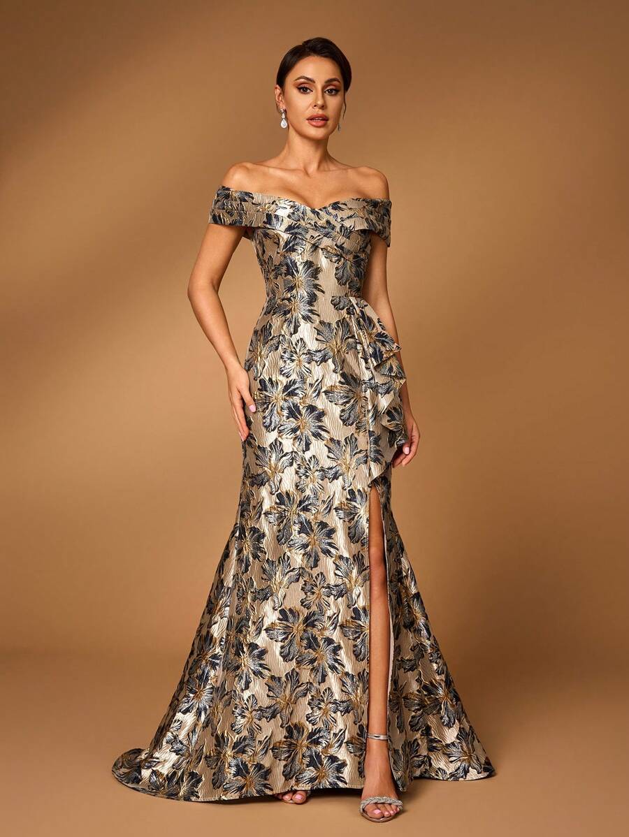 SHEIN Belle Vestido elegante e deslumbrante de cetim jacquard plissado com estampa floral e ...