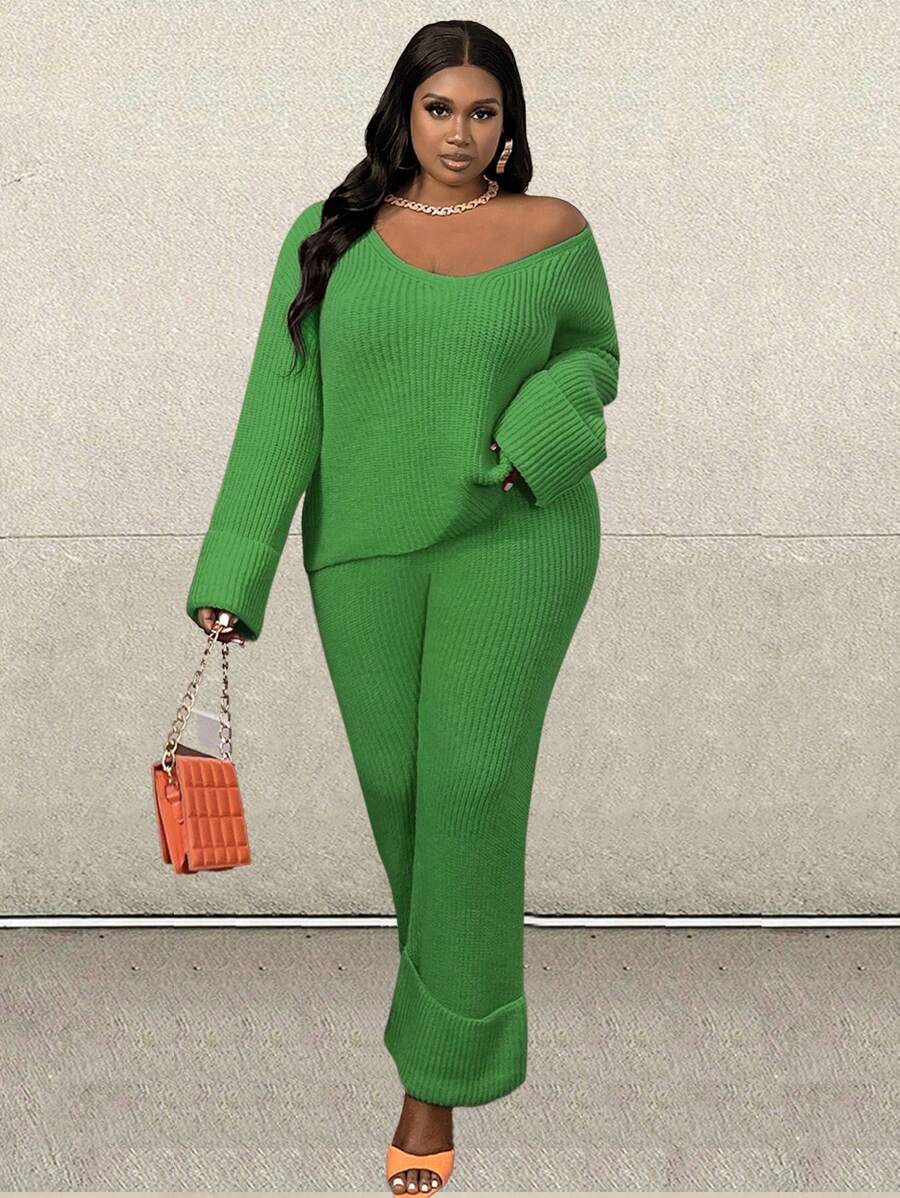 Slaydiva Casual Plus Size Women 2Pcs Set, Loose Fit Open Shoulder Long ...