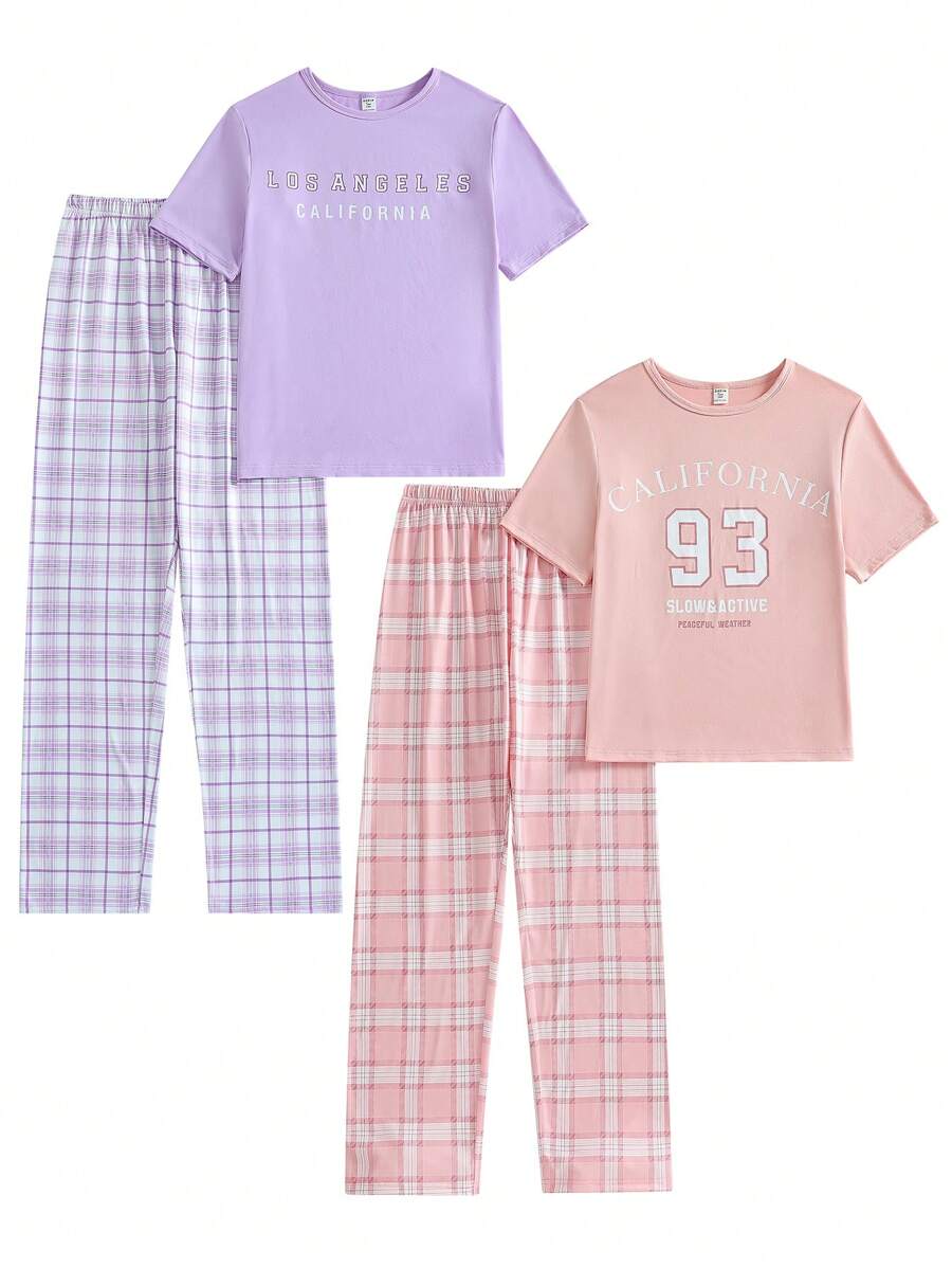 SHEIN 2pcs Set Teen Girls Sleepwear, English Letter Print Comfy Casual ...