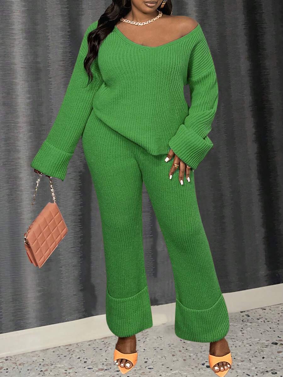 Slaydiva Casual Plus Size Women 2Pcs Set, Loose Fit Open Shoulder Long ...