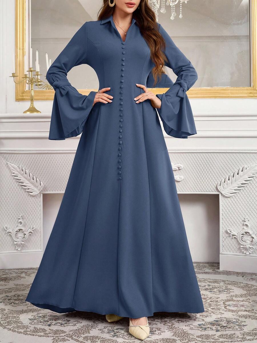 Modelyn Women's Solid Color Collar Flare Sleeve Button Design Elegant ...