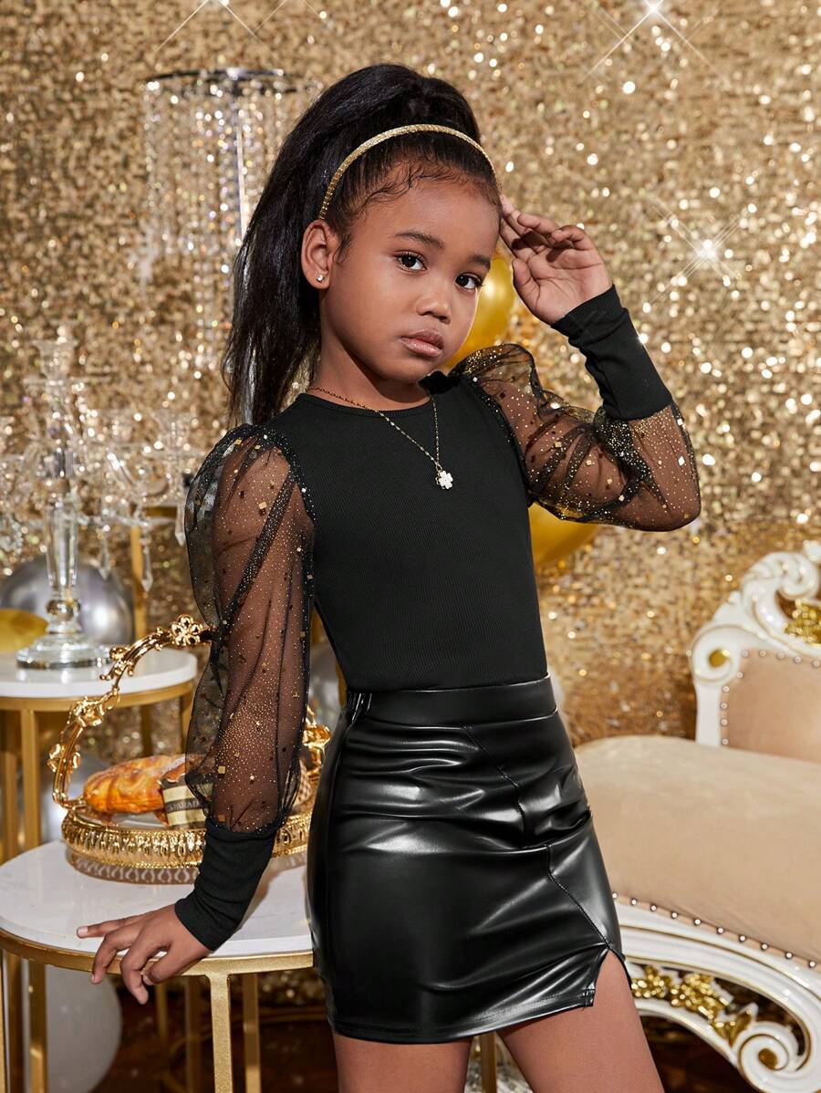 SHEIN Leap Crew Tween Girls Fashion Party 2pcs Set: Glitter Splice Mesh ...
