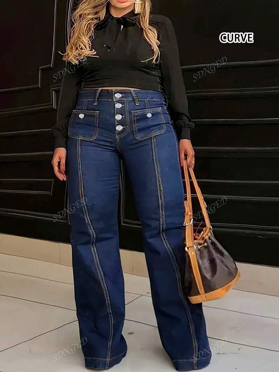 Plus Size Women American Casual Basic Multi-Button Flared Denim Jeans ...