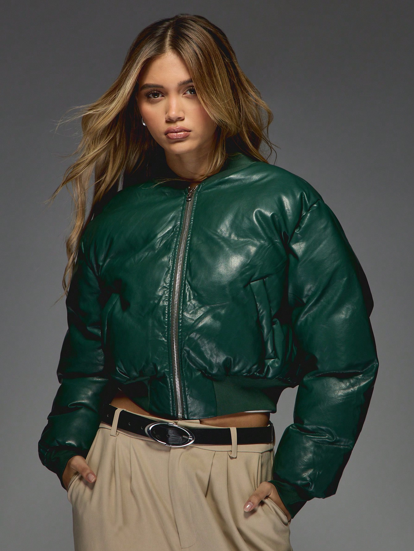 Stylish Cropped Puffer Bomber Jacket Faux Leather Winter Coat St ...