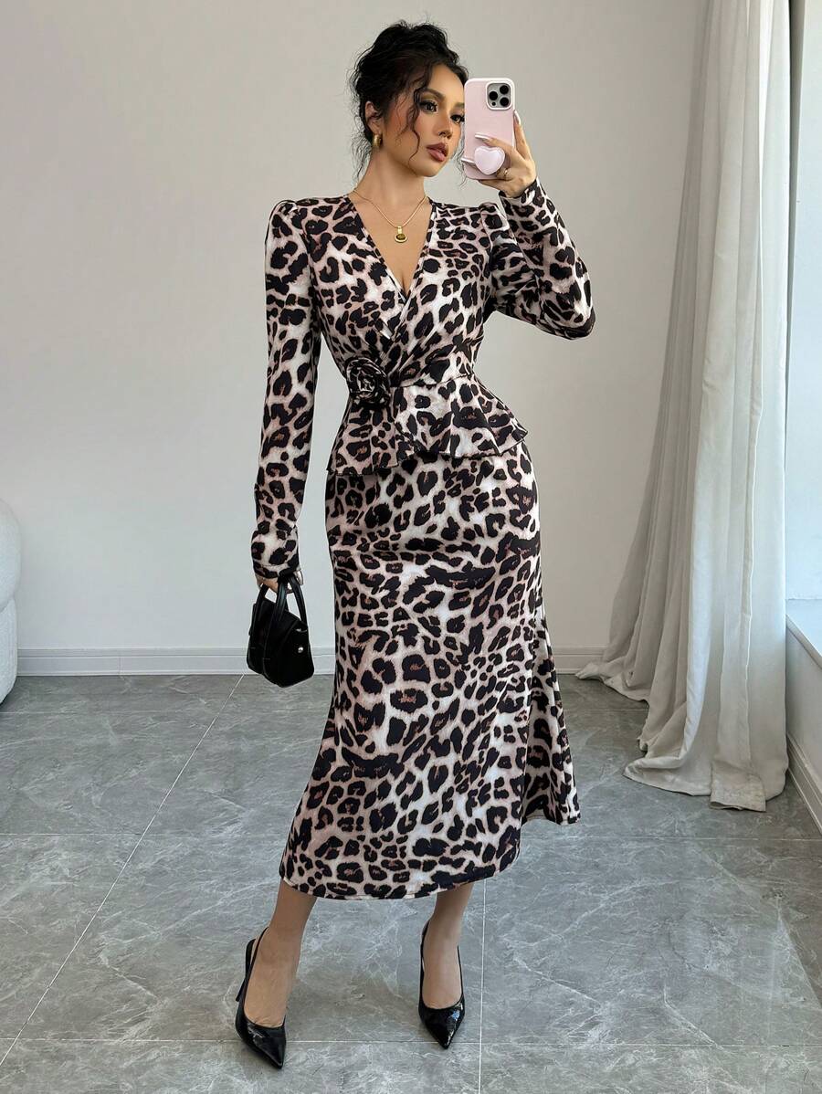 SHEIN Essnce Women Elegant Leopard Print V-Neck Peplum Waist Fish Tail ...