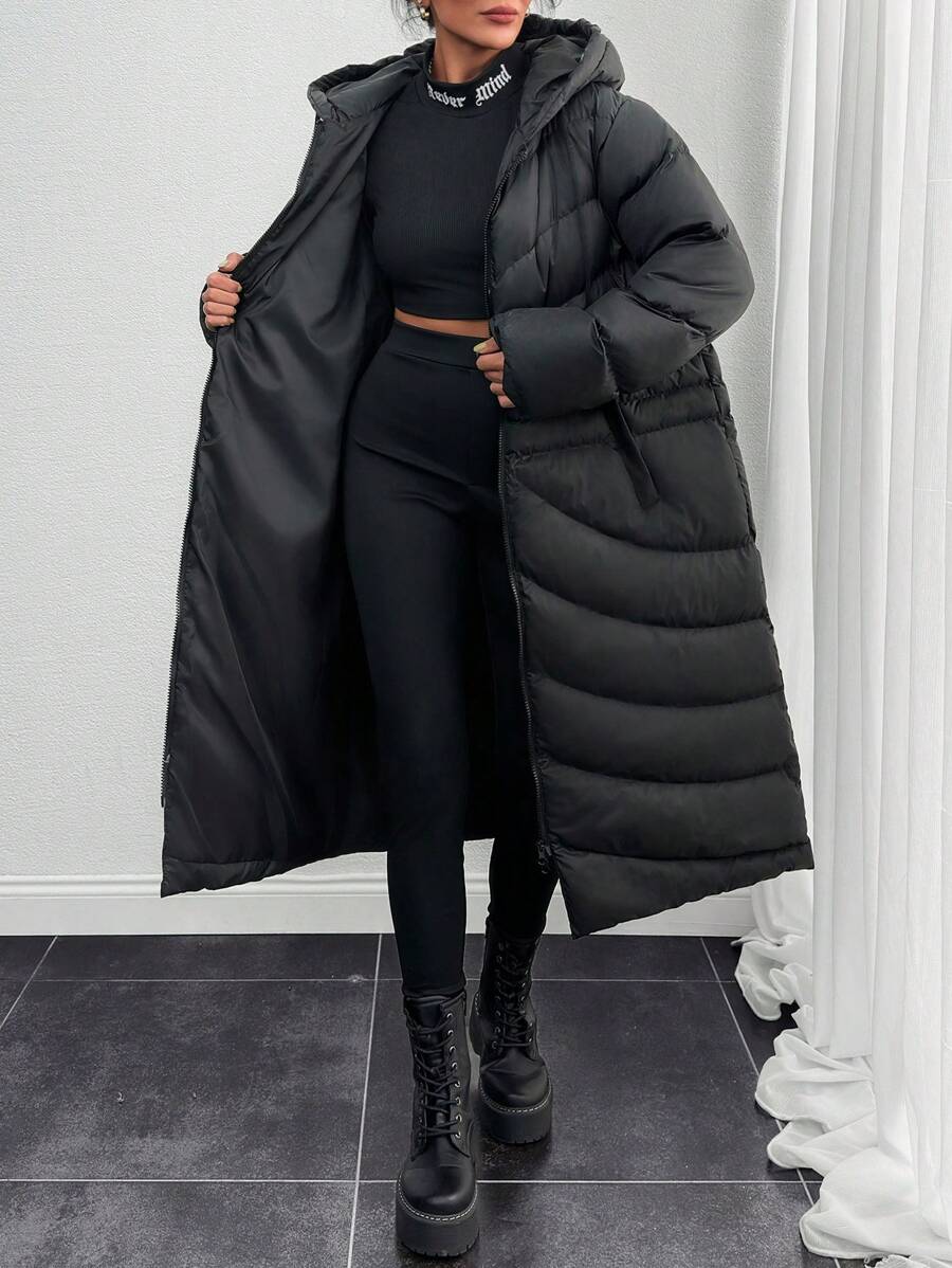 SHEIN Plus Size Women's Fur Detailed Hoodie Different Quilting Pattern Long Winter Padded Coat ...