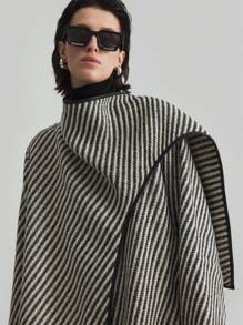 Ontre Women's Winter Coat, Shawl Collar Black/White Striped Loose Outerwear For Autumn/Winter ...