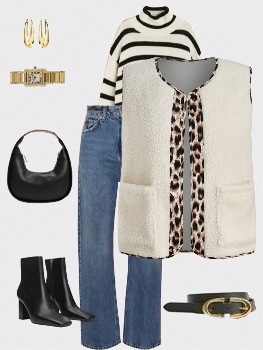 SHEIN Unity Leopard Print Contrast Color Shearling Vest, Loose Short ...