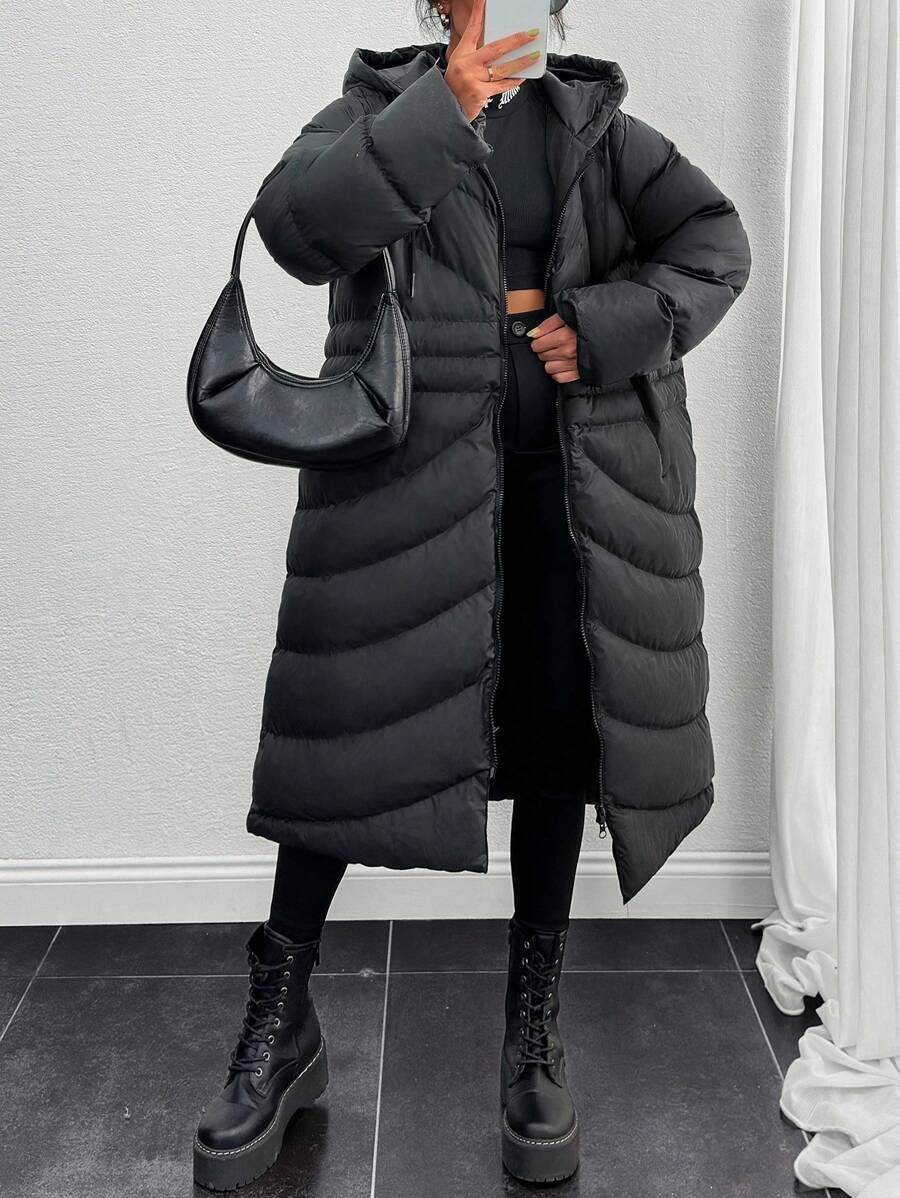 SHEIN Plus Size Women's Fur Detailed Hoodie Different Quilting Pattern Long Winter Padded Coat ...