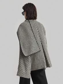 Ontre Women's Winter Coat, Shawl Collar Black/White Striped Loose Outerwear For Autumn/Winter ...