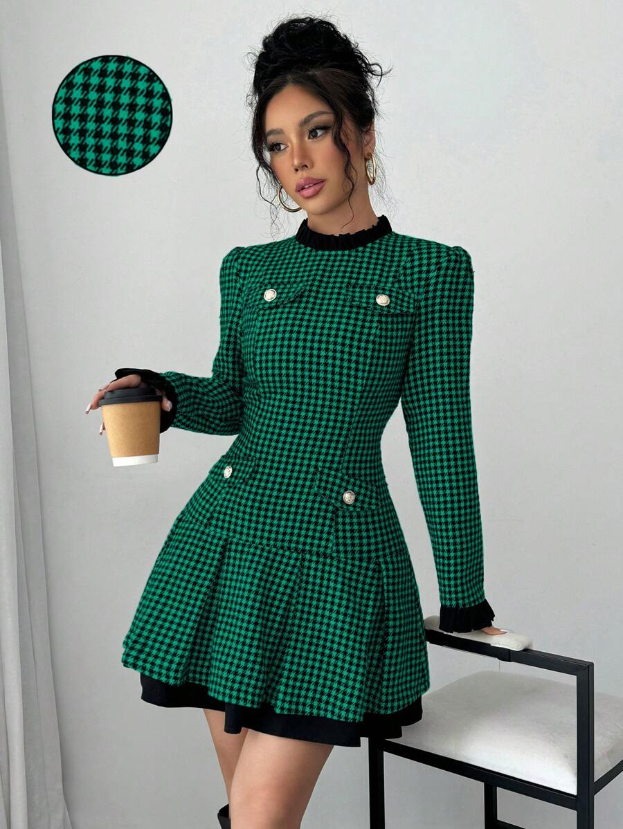 Chiquease Elegant Houndstooth Patchwork Pleated Hem Mini Dress For Autumn | SHEIN USA
