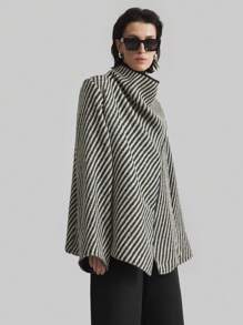 Ontre Women's Winter Coat, Shawl Collar Black/White Striped Loose Outerwear For Autumn/Winter ...