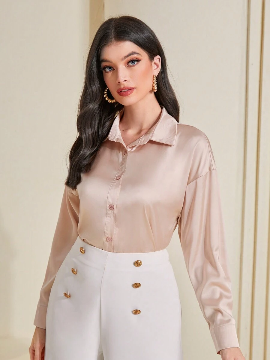 Mulvari Solid Color Front Button Elegant Office Wear Long Sleeve Shirt ...