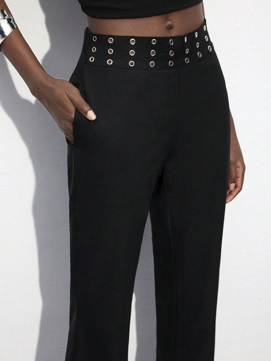 Maija Women's Black Eyelet Waistband Design Versatile Casual Straight ...