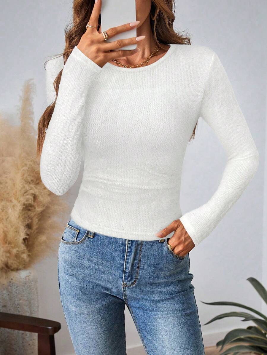 SHEIN LUNE Women's Casual Ribbed Long Sleeve T-Shirt, Basic Layering ...