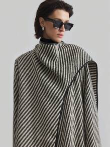 Ontre Women's Winter Coat, Shawl Collar Black/White Striped Loose Outerwear For Autumn/Winter ...