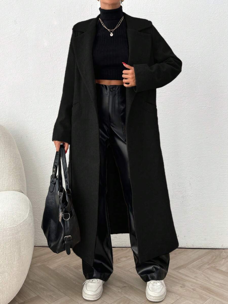 SHEIN French Loose Fit With Lining Pockets Belted Thick Long Coat ...