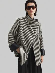 Ontre Women's Winter Coat, Shawl Collar Black/White Striped Loose Outerwear For Autumn/Winter ...