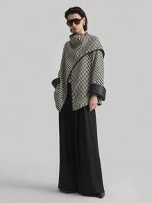 Ontre Women's Winter Coat, Shawl Collar Black/White Striped Loose Outerwear For Autumn/Winter ...