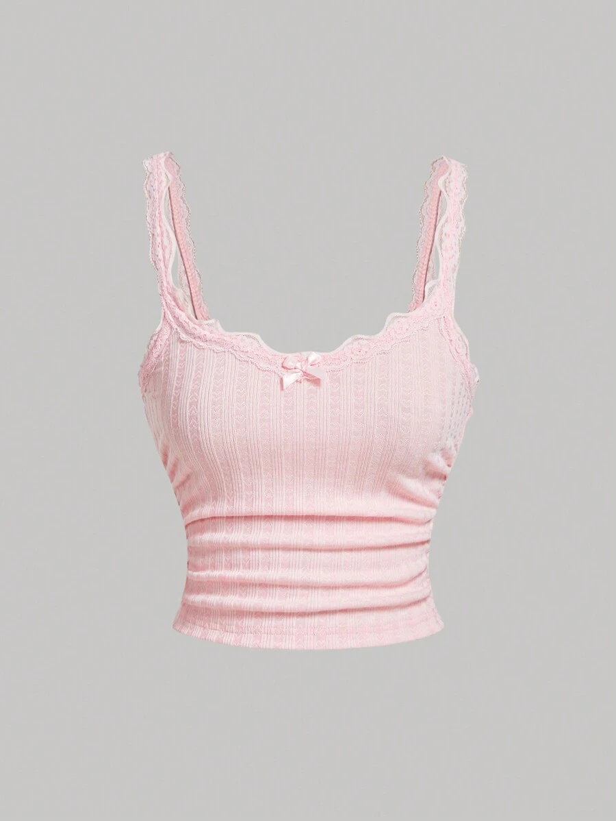 SHEIN MOD Cute Pink Tank Top With Pleated Lace Patchwork Bow, Singlet ...