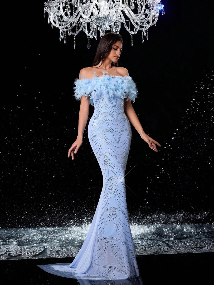 Glamrae Elegant Blue Turkey Feathers Gorgeous Handmade Hot Diamond One ...