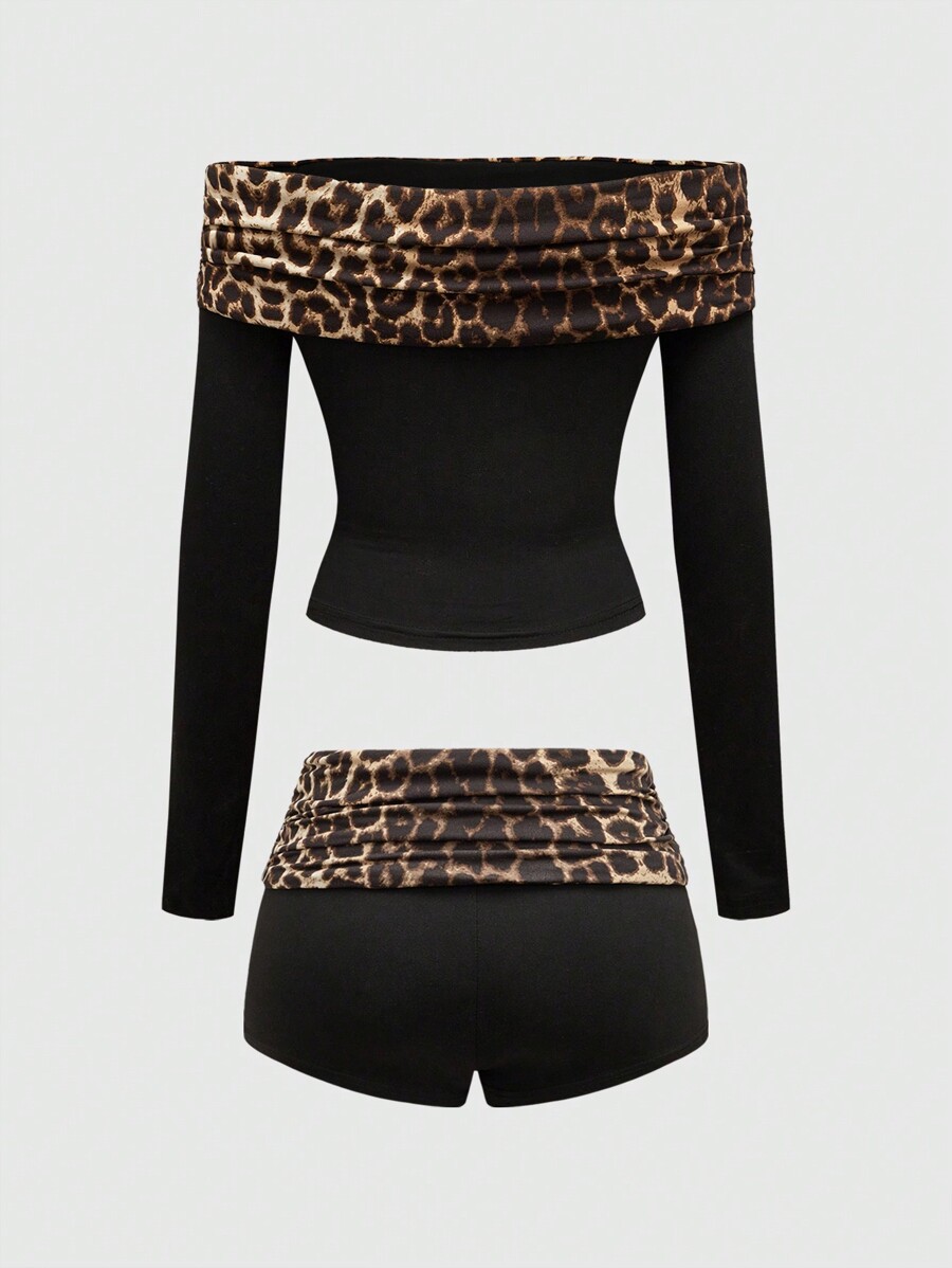ROMWE Grunge Punk Gyaru Leopard Print Bodycon Off Shoulder Black Base ...