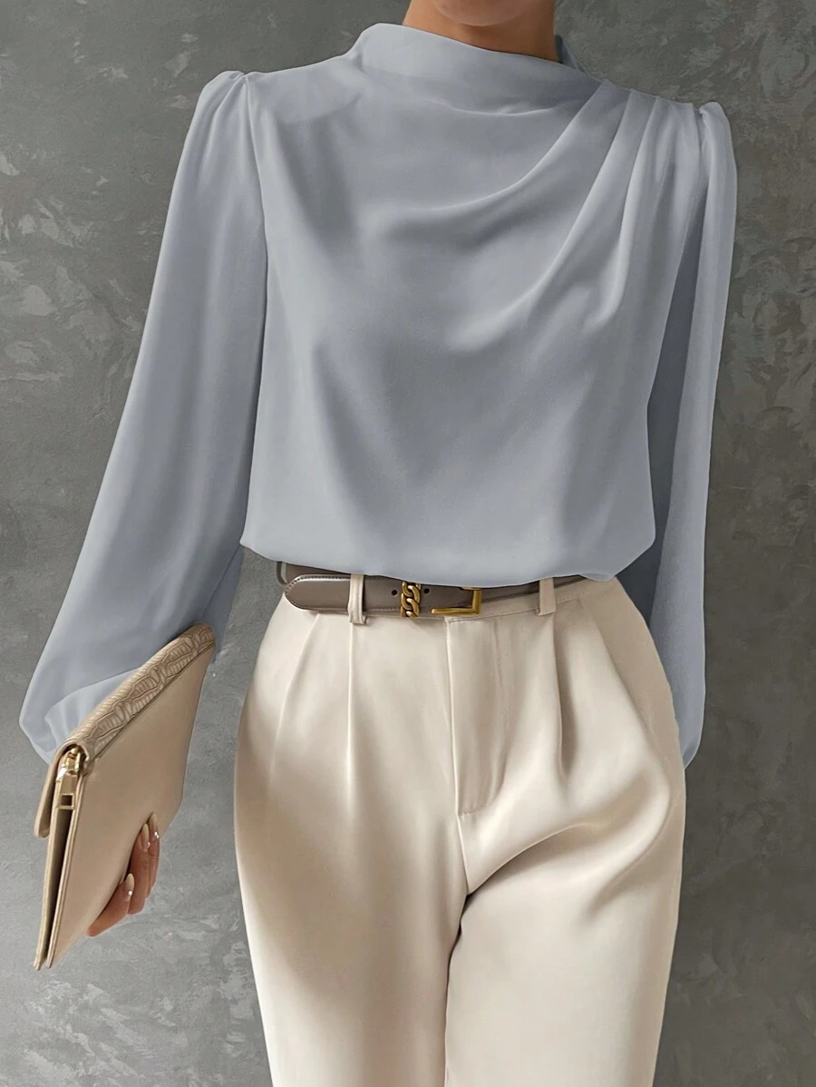 BizChic Women's Solid Color Stand Collar Pleated Decor Loose Lantern ...