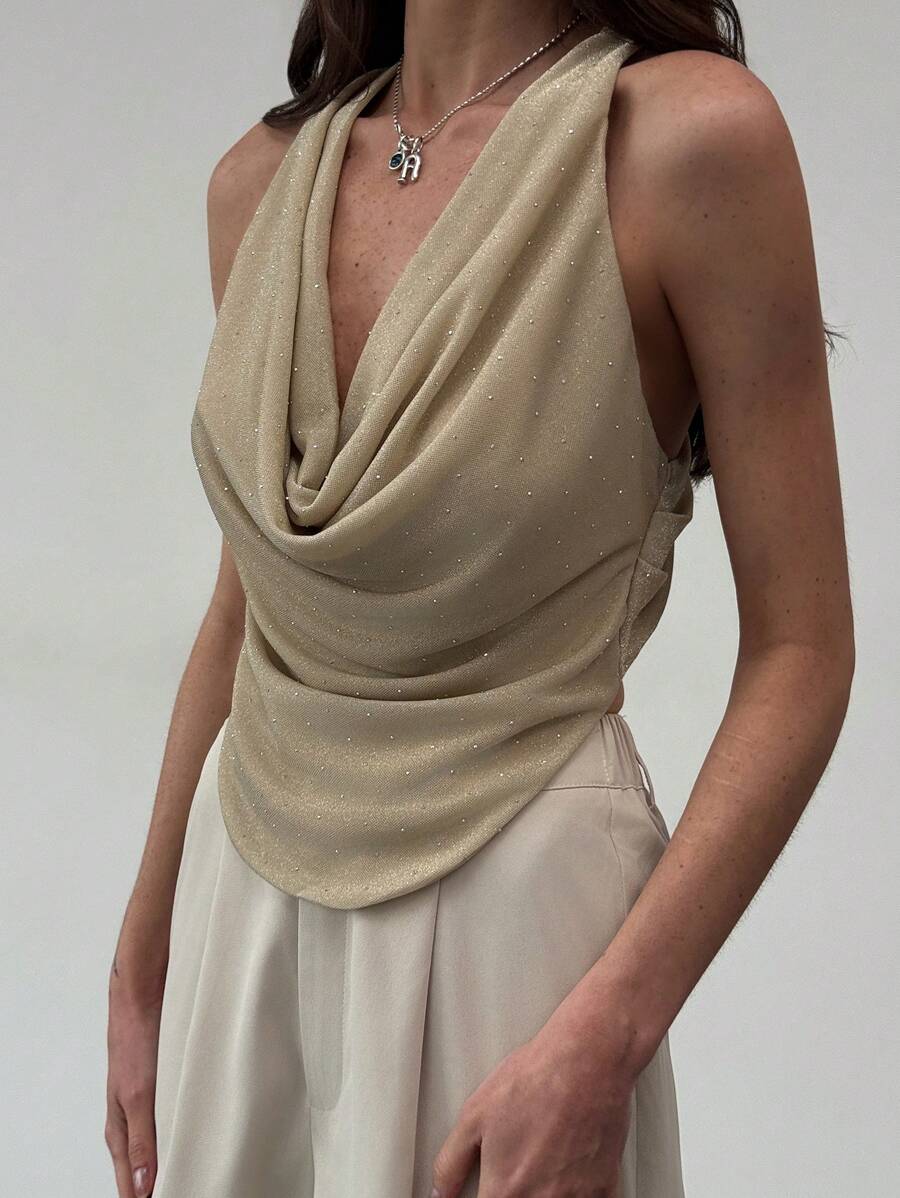 Aloruh Elegant Crisscross Backless Sexy Plunging Neck Rhinestone ...