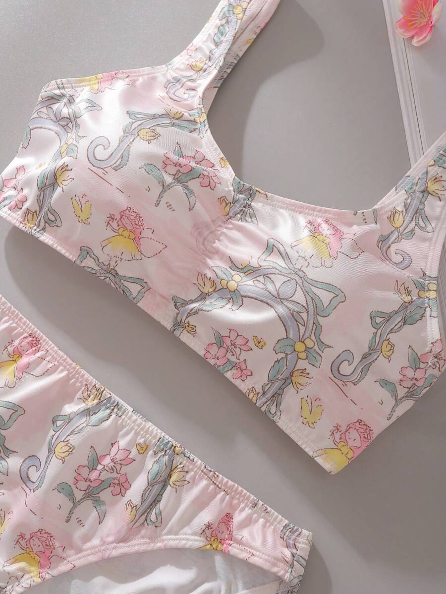 Conjunto de lencería con volantes y estampado floral para adolescentes ...