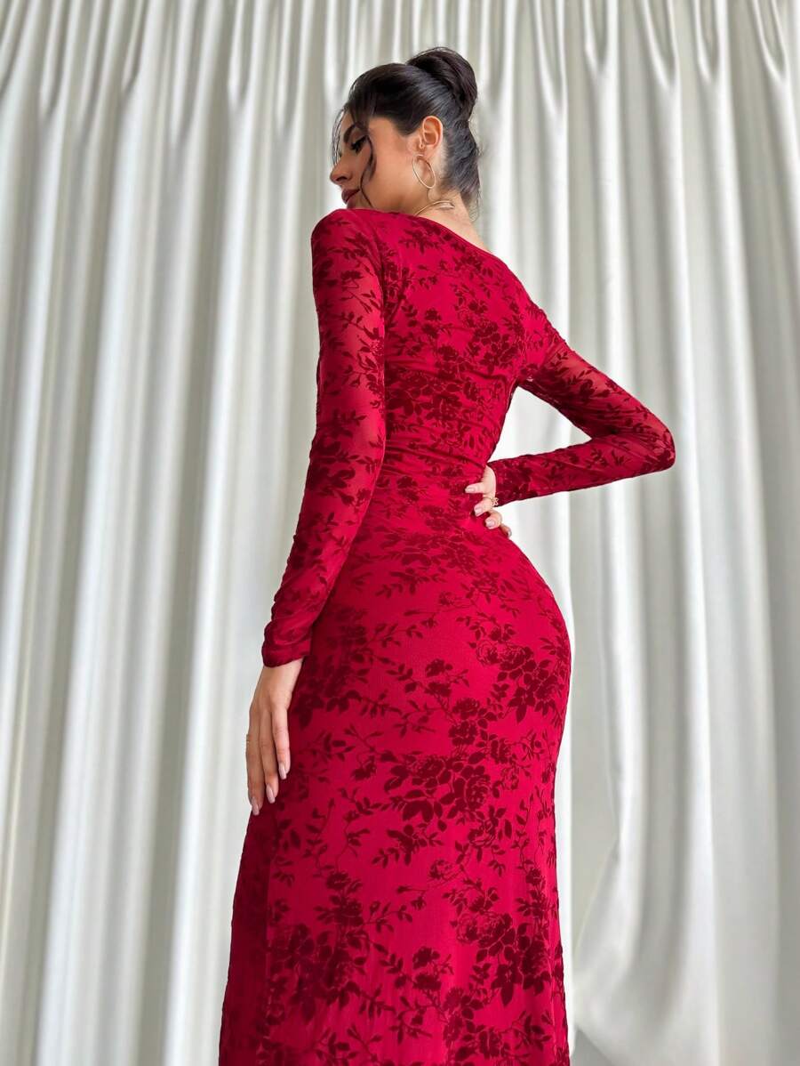 Firerie Elegant Sexy Velvety Floral Party/Christmas Bodycon Dress, V ...