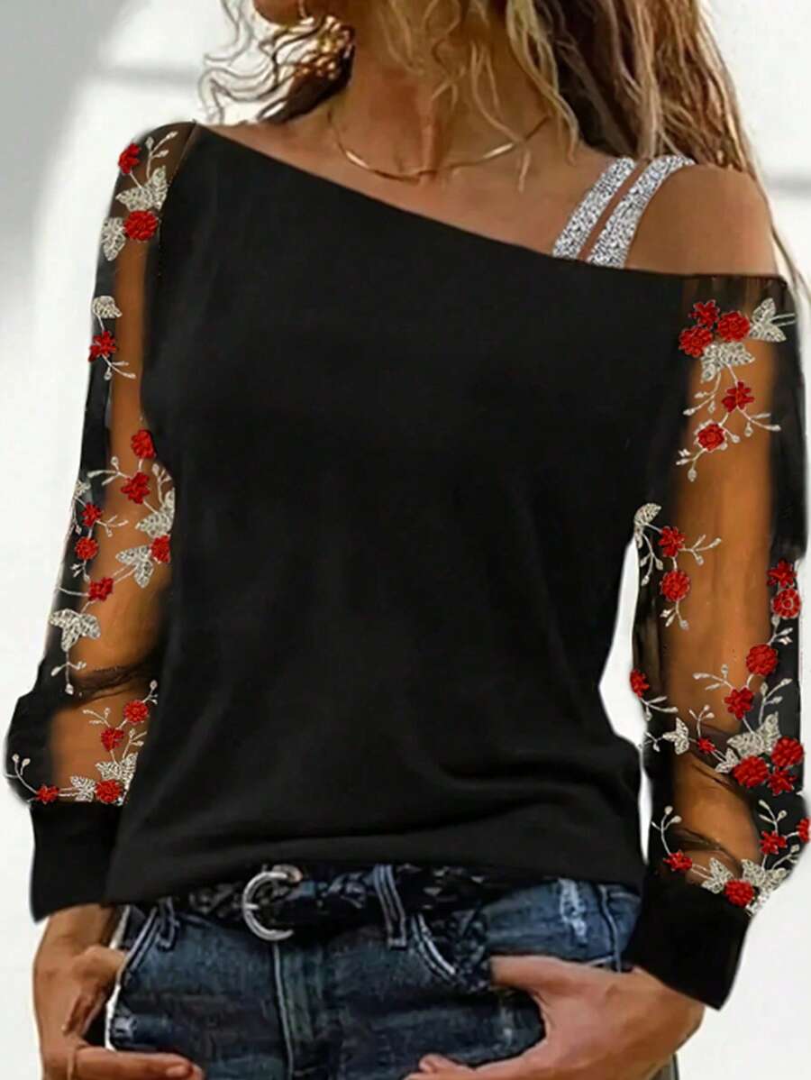 SHEIN LUNE Ladies' Spring/Summer Floral Embroidery Asymmetrical Mesh ...