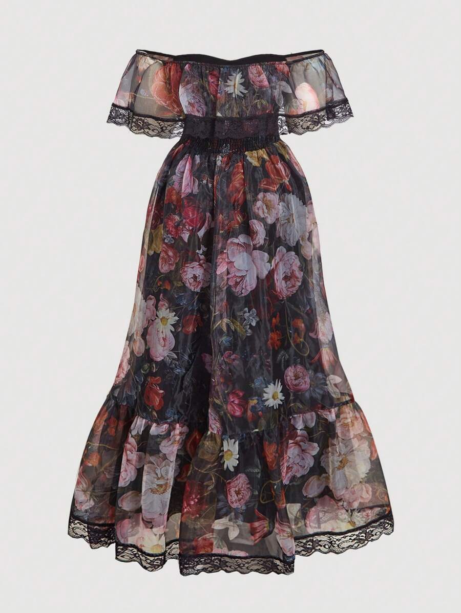 Shein Mod Plus Size Off-shoulder Lace Patchwork Floral Print Long Dress