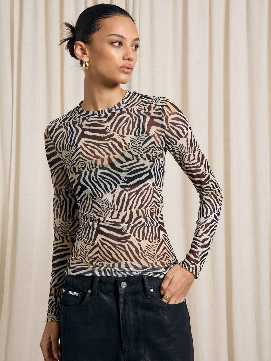 AiiRZ Zebra Print Sheer Mesh Long Top | SHEIN USA