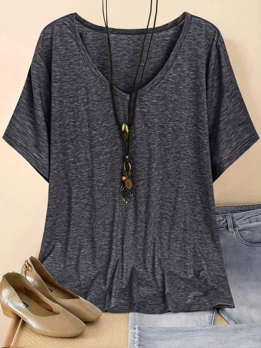 Plus Size V-Neck Short Sleeve Casual Top | SHEIN USA