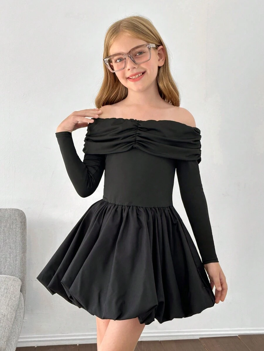 SHEIN Tween Girls Knitted Woven Patchwork Solid Color Off Shoulder Long ...