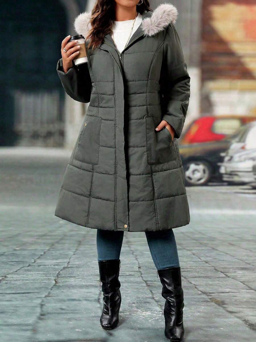 SHEIN LUNE Plus Size Women's Solid Color Simple Daily Padded Coat With Fluffy Collar, Long ...