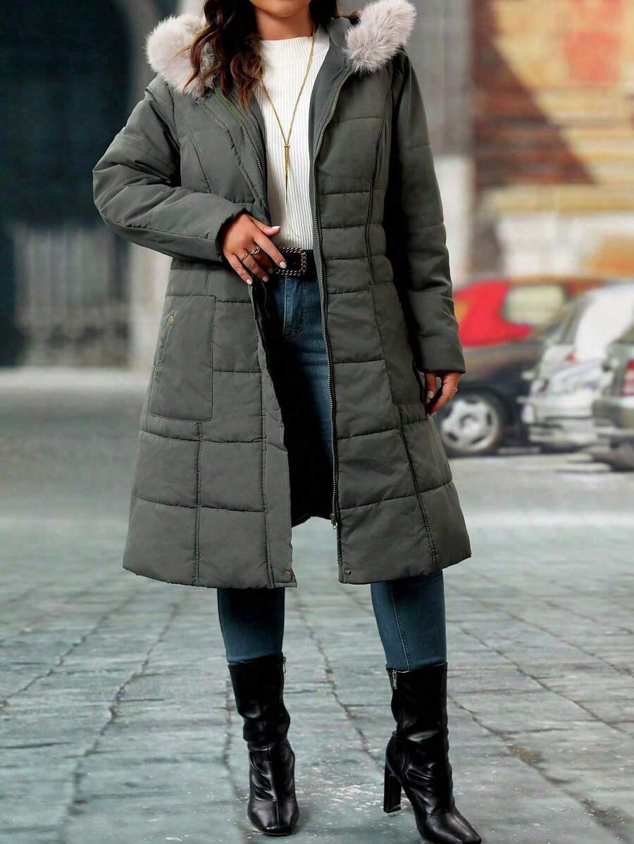 SHEIN LUNE Plus Size Women's Solid Color Simple Daily Padded Coat With Fluffy Collar, Long ...