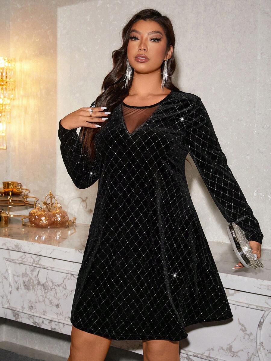 SHEIN Clasi Plus Size Women Velvet Knit Dress With Mesh Collar Insert, Long Sleeve, Body-Con, A ...