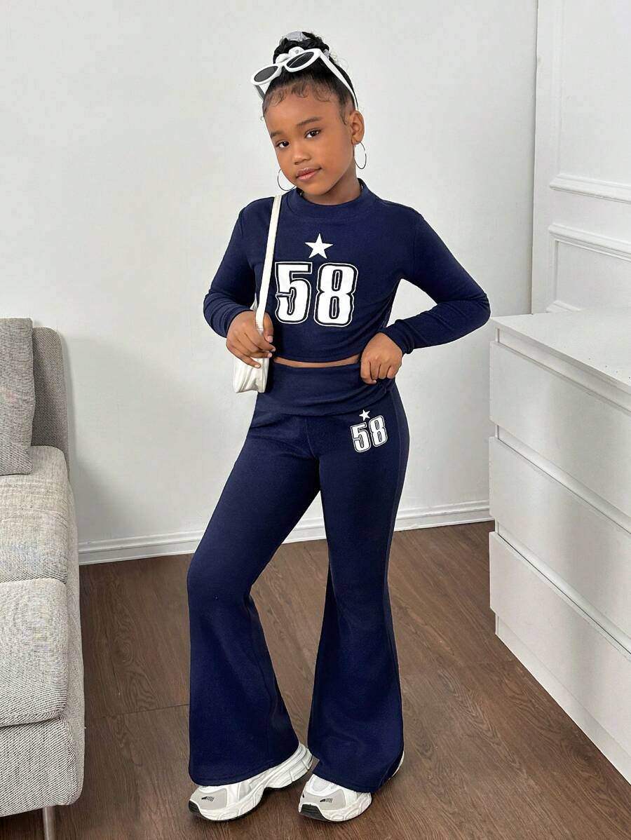 SHEIN Tween Girls Navy High Neck Numeric Print Tight Long Sleeve Top ...