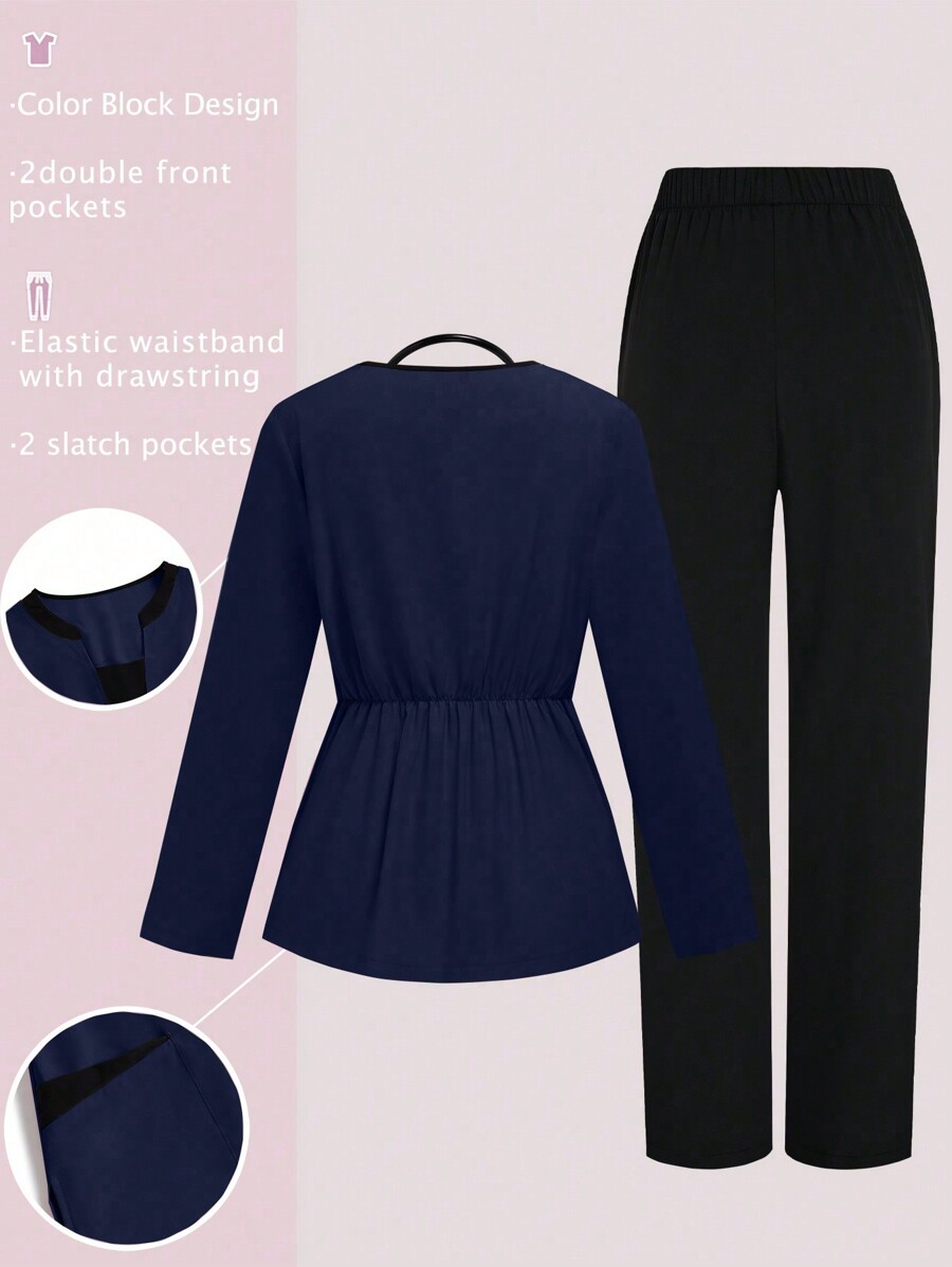 SHEIN TaskFit Notched Collar Long Sleeve Patchwork Pocket Uniform ...