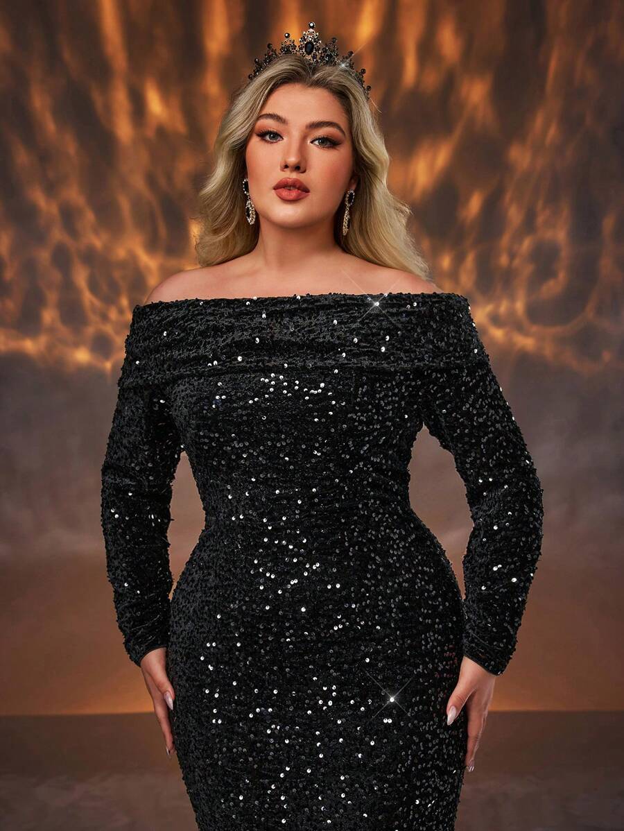 Glamrae Plus Size Women's Elegant Romantic Luxury Sequin Black Off-The-Shoulder Long Sleeve ...