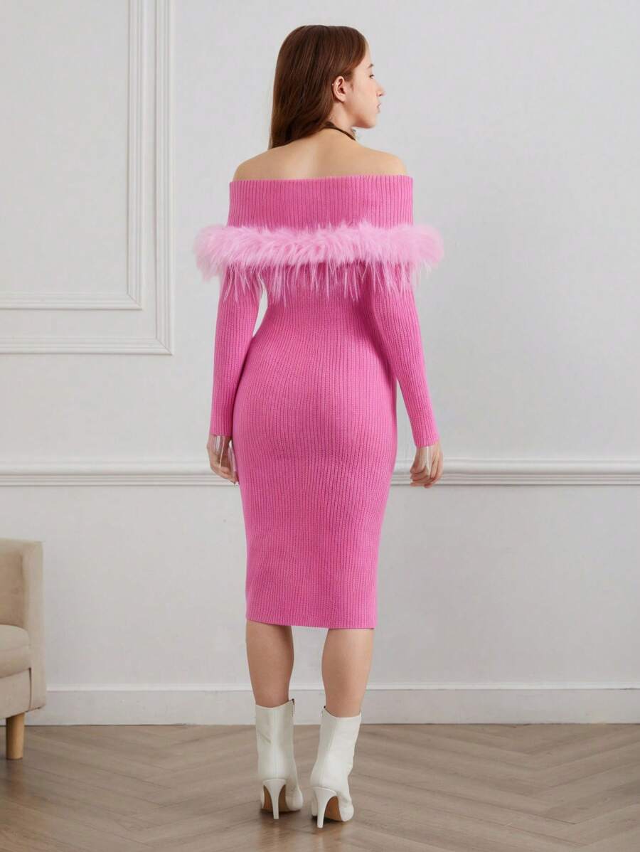 Teen Girls Long Pink Off Shoulder Fuzzy Patchwork Sweater Dress For ...