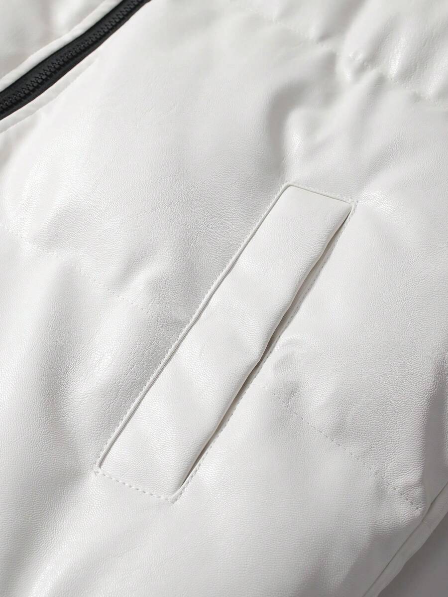 Manfinity Hypemode Oversized Men's Letter Patched Zip-Up PU Leather Padded Coat (Without Shirt ...