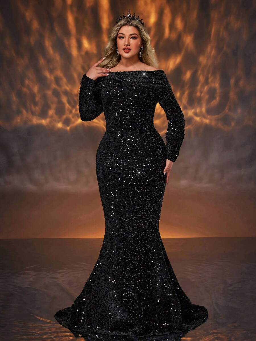 Glamrae Plus Size Women's Elegant Romantic Luxury Sequin Black Off-The-Shoulder Long Sleeve ...