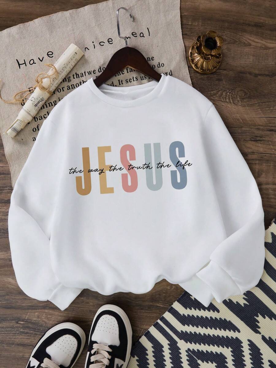 SHEIN Tween Girl "Jesus The Way, The Truth, The Life" Graphic Crew Neck ...