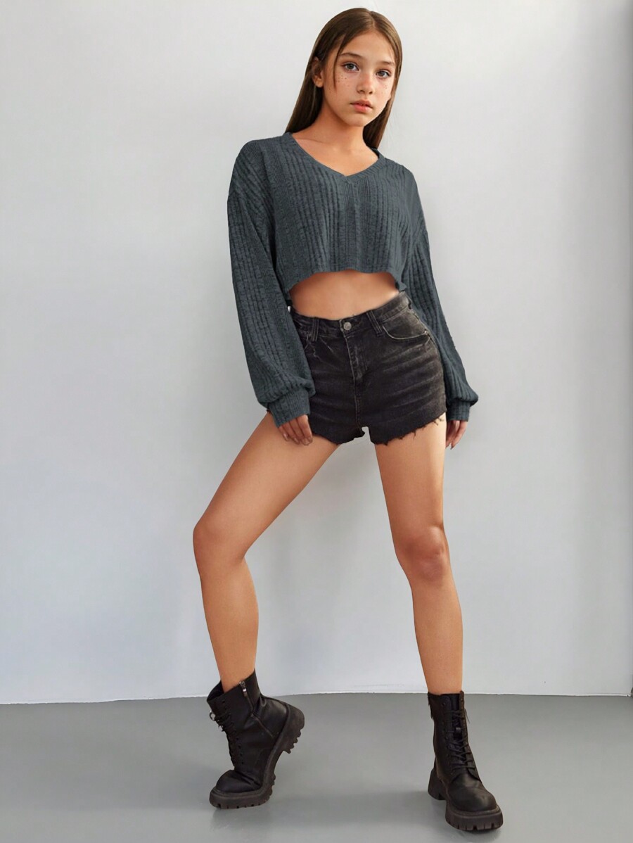 SHEIN Tween Girls Fall Outfits V-Neck Drop Shoulder Rib-Knit Crop Tee ...