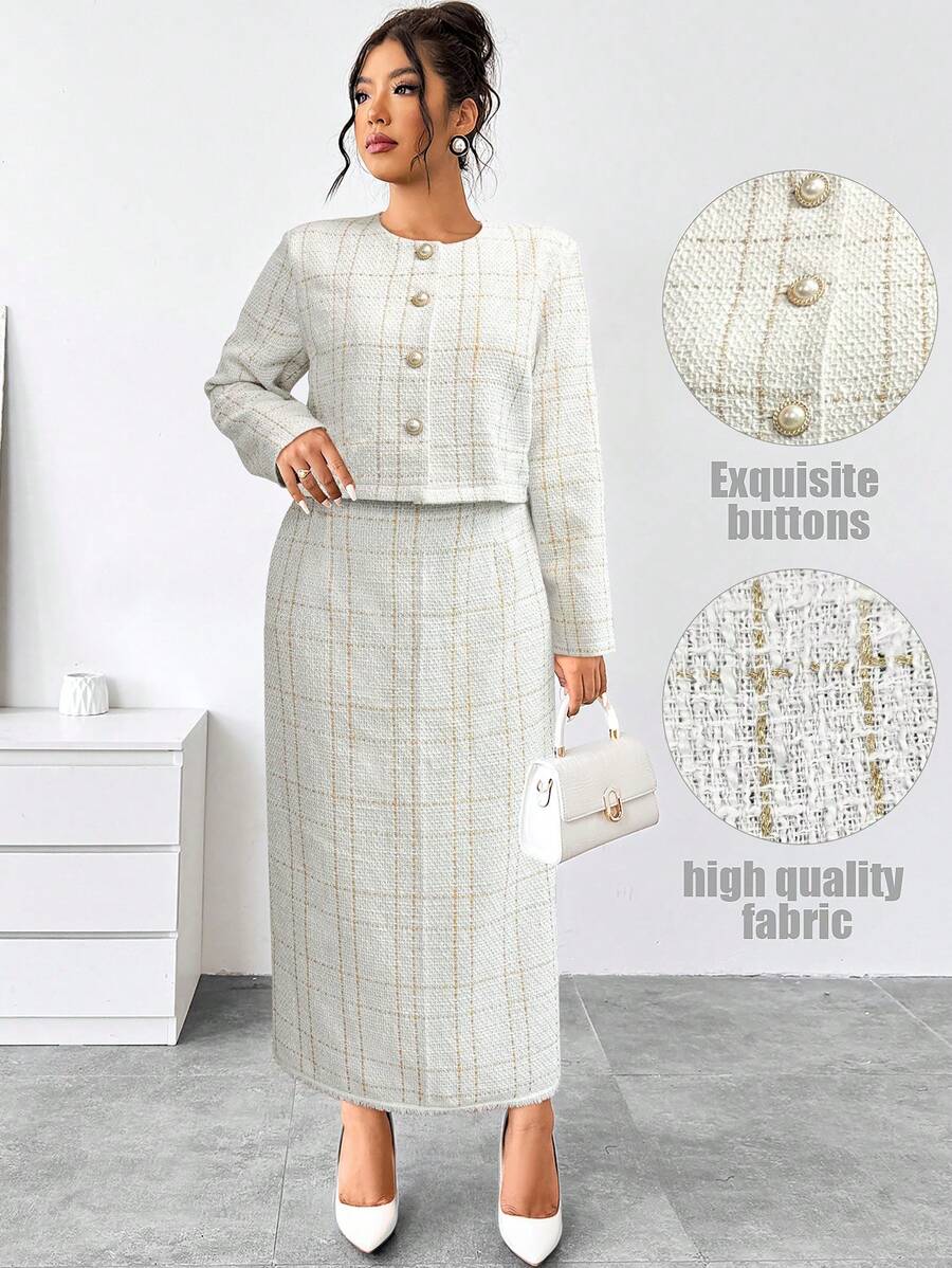 SHEIN Privé Plus Size Plaid Blazer And Skirt 2-Piece Set, Elegant For ...