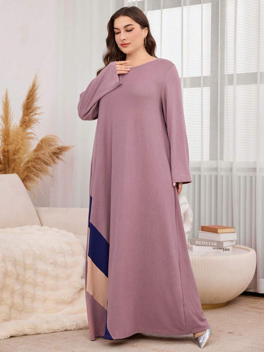 SHEIN Mulvari Plus Size Color Block Long Sleeve Arabic Style Dress Maxi Women Outfit for Sale ...