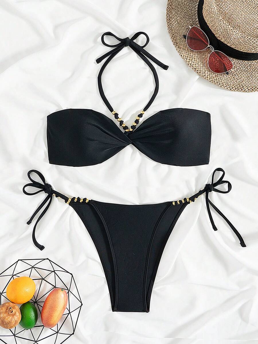 Swim Vcay Women 2-Piece Swimwear, Solid Color Spaghetti Strap Bra And ...